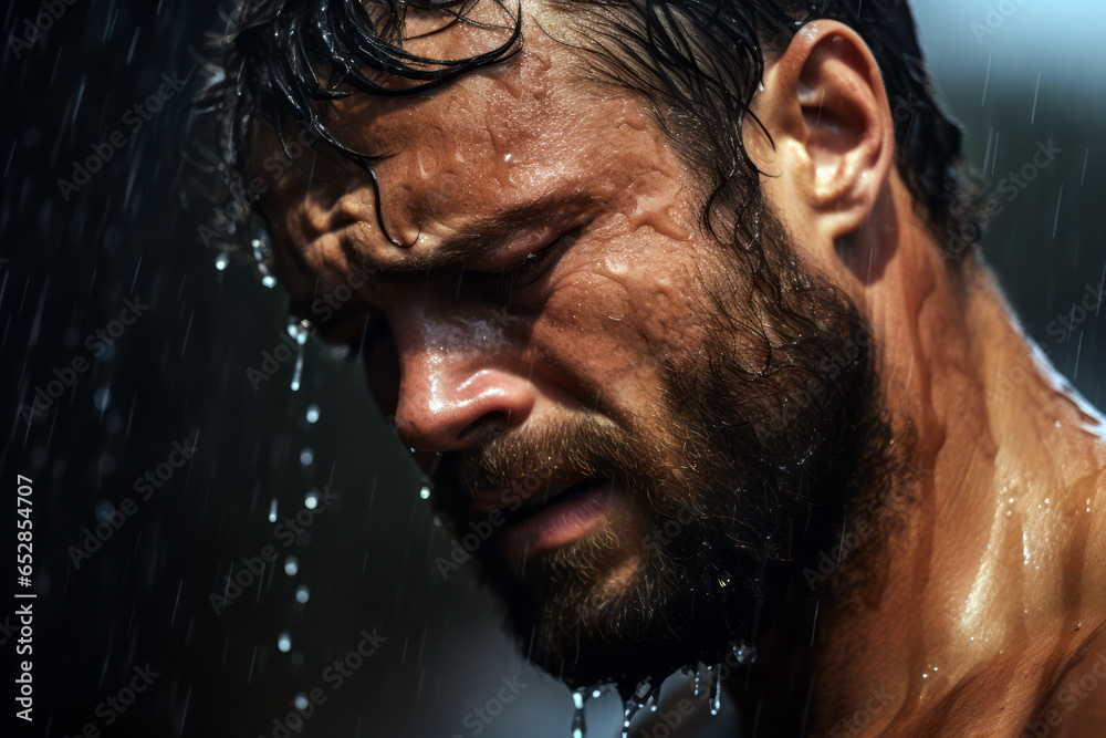 burly man, with longing in his eyes, embracing his emotional side ...