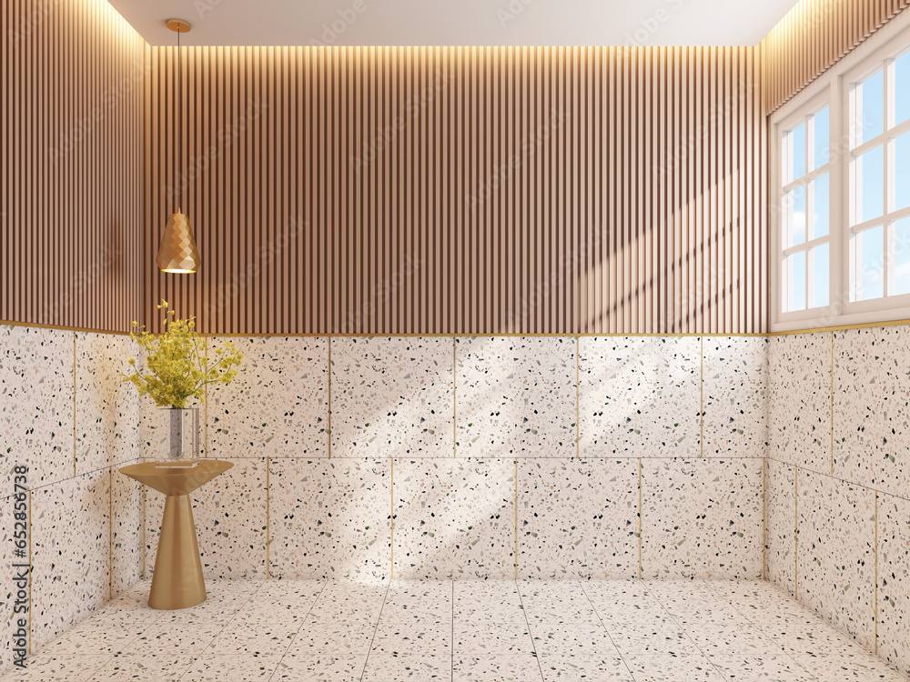 Morning light in empty room decorated with pantone pink slat wall and ...