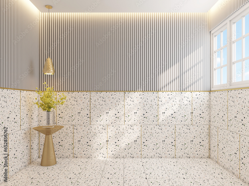 Morning light in empty room decorated with light gray slat wall and ...