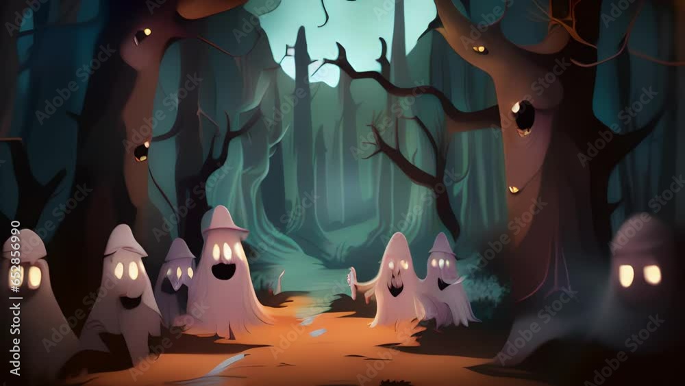 Trickortreaters walk through a haunted forest, their path lit only by a ...