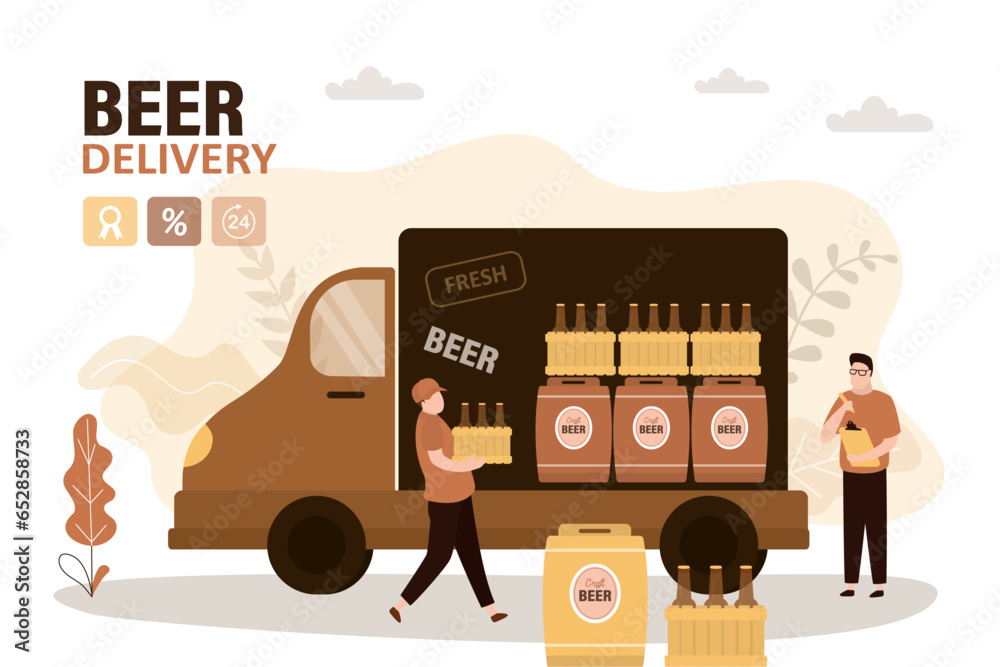 Workers load fresh beer into truck. Beer delivery, van full of kegs ...