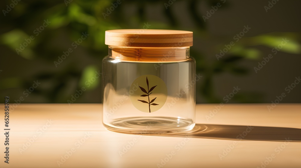 A clear, empty glass jar with a smooth, sustainable bamboo lid, perfect ...