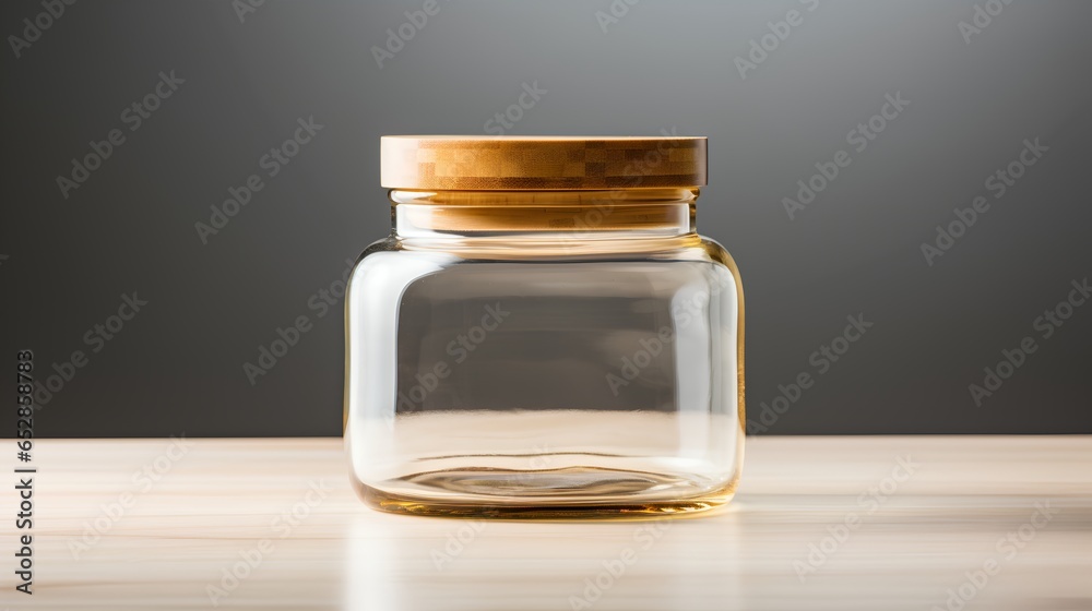 A clear, empty glass jar with a smooth, sustainable bamboo lid, perfect ...
