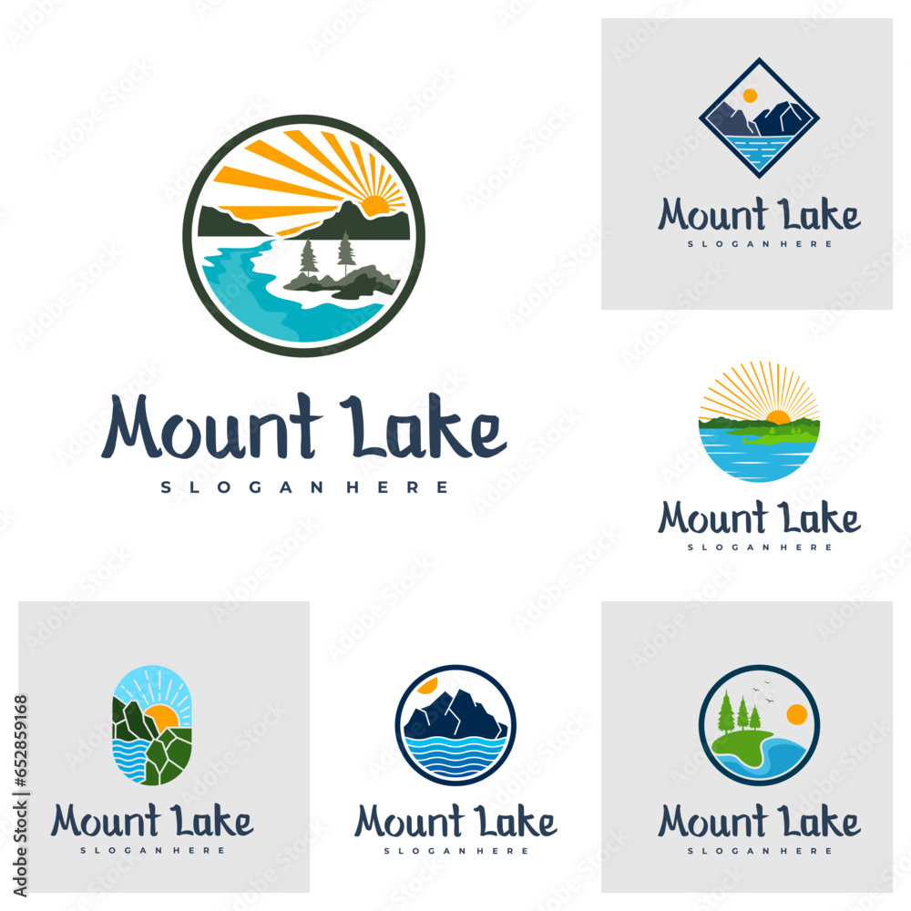 Set of Lake logo design template. Mount Lake vector illustration. Badge ...