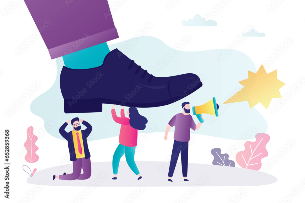 Giant boot trampling on a group of demonstrators, protesters. Dictator ...