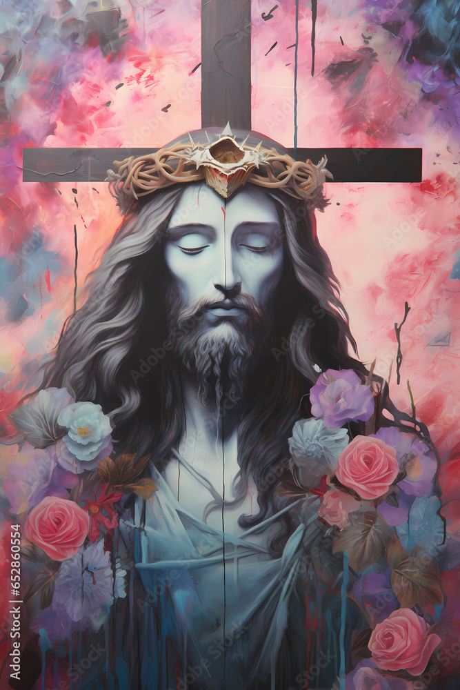 Jesus on crucifix wearing crown of thorns, flowers pastel colors and ...