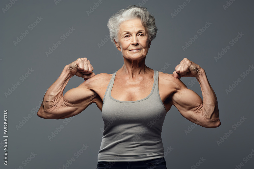 Older woman in great physical shape shows her biceps on gray background ...