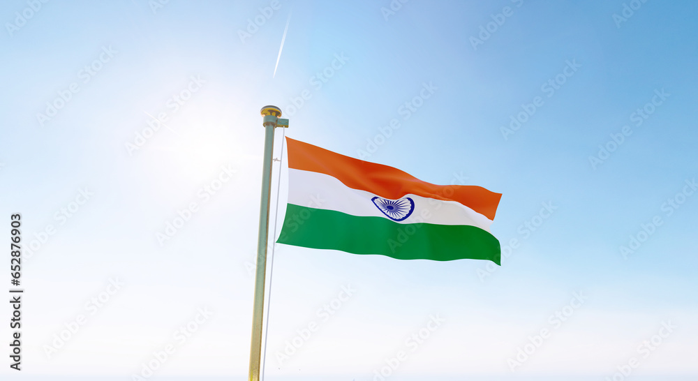 Flag of India flag waving in the wind, sky and sun background. India ...