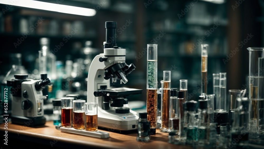 Microscopio y tubos de ensayo en un laboratorio Stock Illustration ...