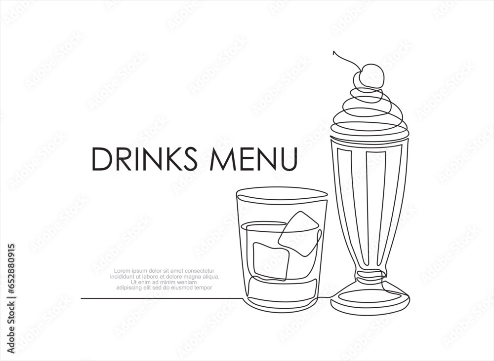 Drinks menu. Continuous one line drawing of glasses with cocktails ...