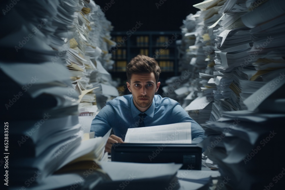 Overwhelmed employee, drowning amidst towering stacks of paperwork ...