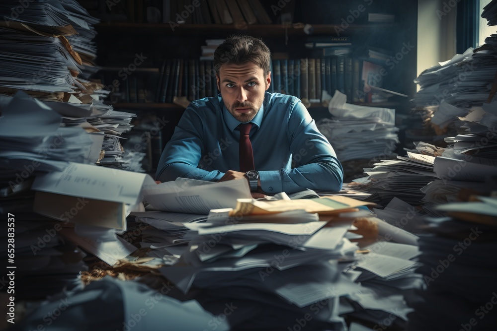 Overwhelmed employee, drowning amidst towering stacks of paperwork ...