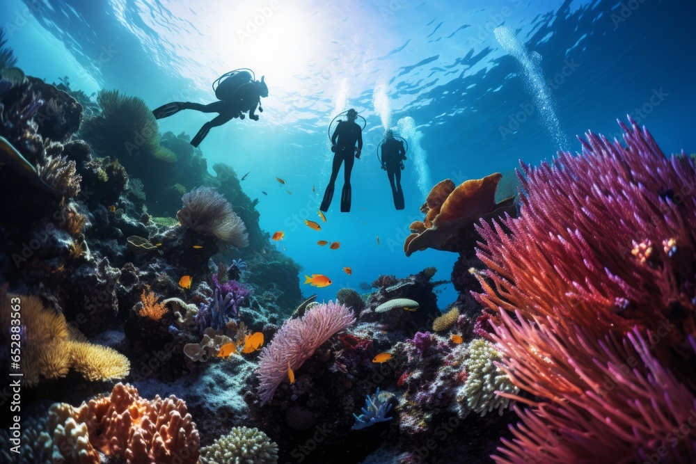 Vibrant snorkelers, gracefully gliding underwater, are immersed in the ...