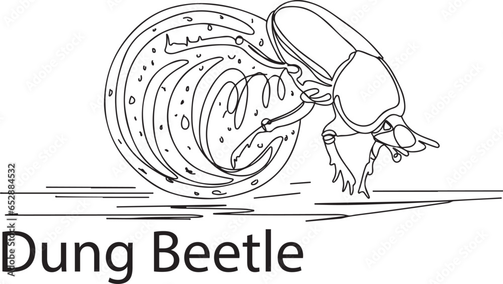 Cartoon Dung Beetle Rolling a Feces Ball - Vector Line Art, "Monochrome ...