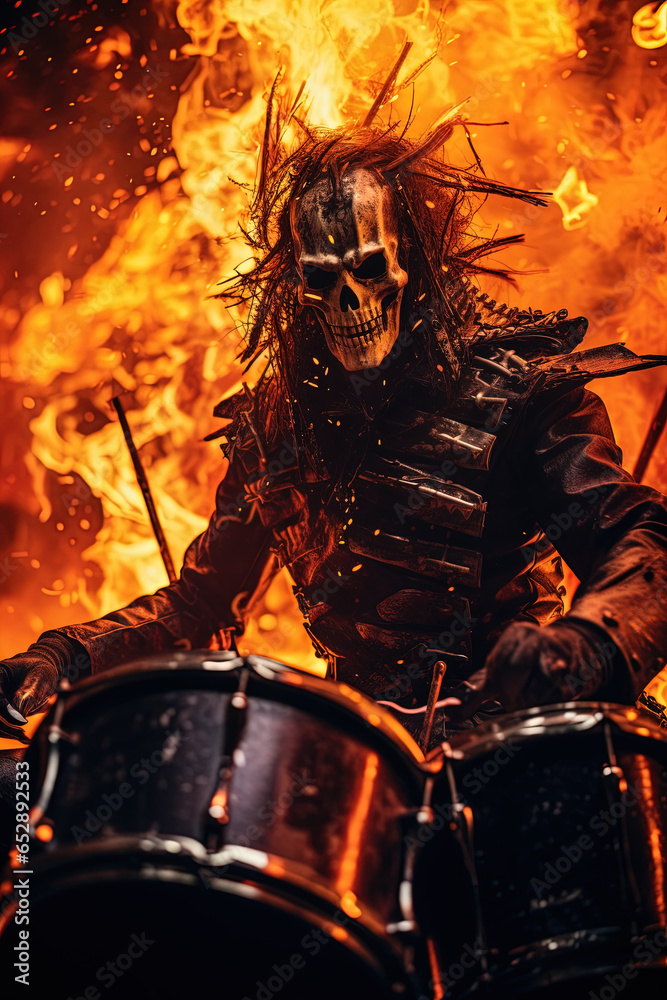 An eerie skeleton character playing drums, and heavy metal vibes. A ...