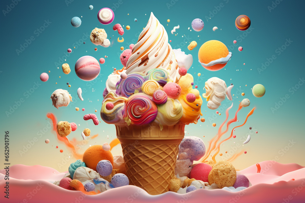 Ice Cream fantasy world, Cartoon illustration of a big ice cream waffle ...