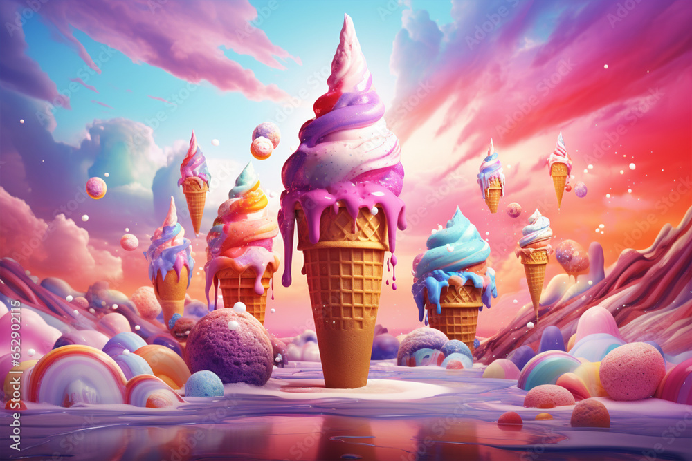 Ice Cream fantasy world, Cartoon illustration of a big ice cream waffle cone surrounded by ...