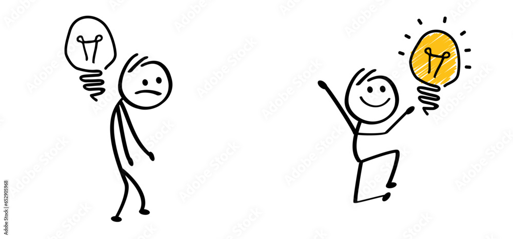 Cartoon think big idea lamp with brain. Happy stickman and light bulb ...