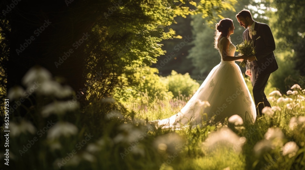 Bride and groom in flower field. Great for wedding invitations ...