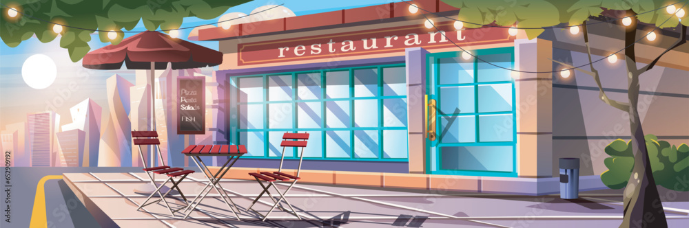 Restaurant facade background banner in flat cartoon design. Street ...