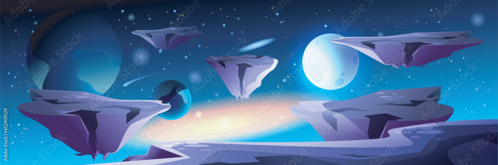 Astronaut at space background banner in flat cartoon design. Cosmos ...