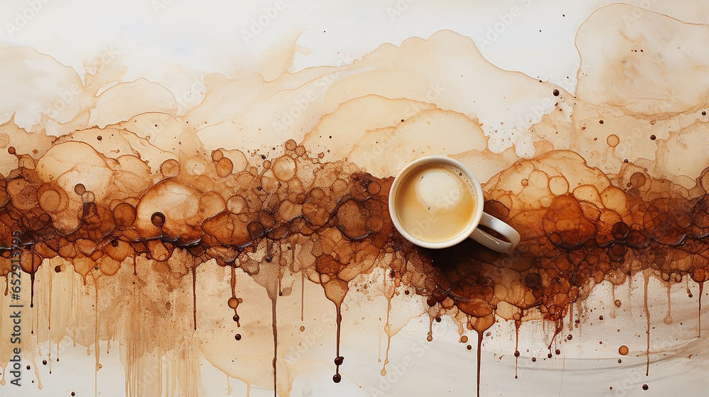 Wide photograph of coffee stain texture and a coffee cup on white paper ...