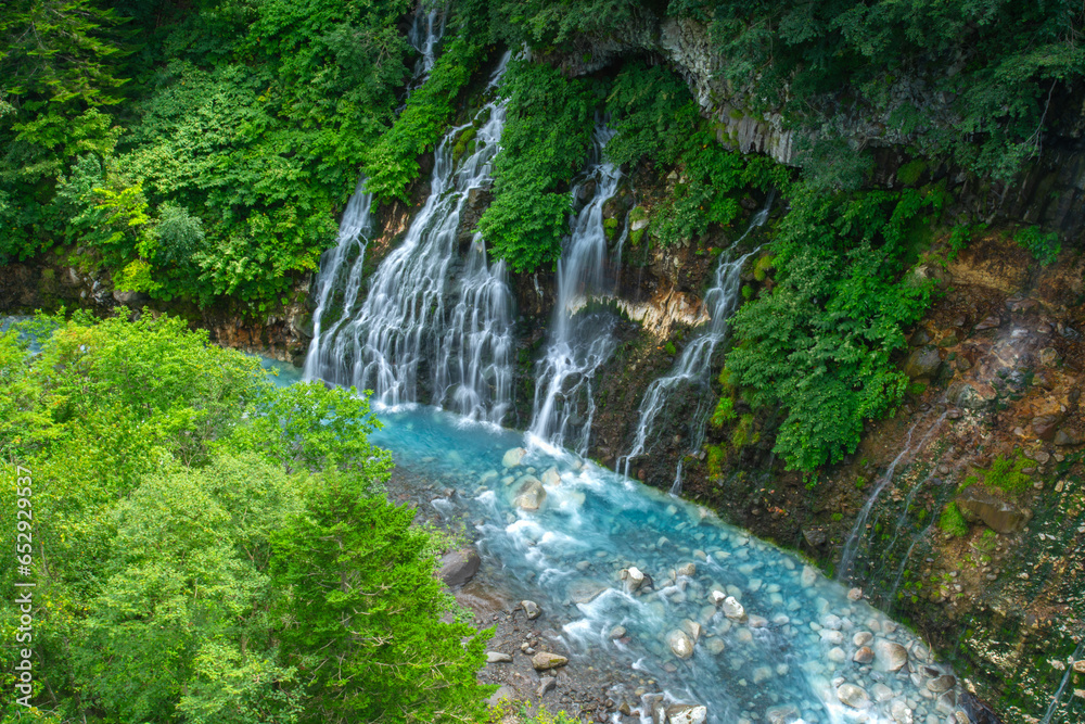 Shirahige Waterfall, mean White Beard, with deep cobalt blue hue Biei ...