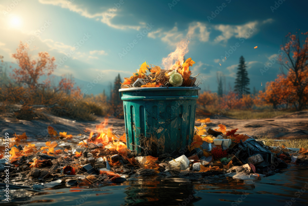 Garbage in an urn in the middle of garbage in nature. The concept of ...