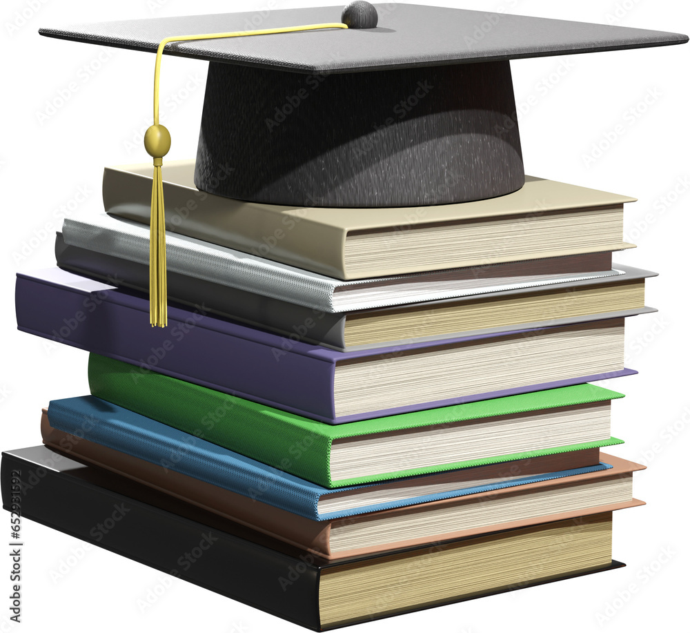 Education concept, graduation cap, books, and graduation scroll ...