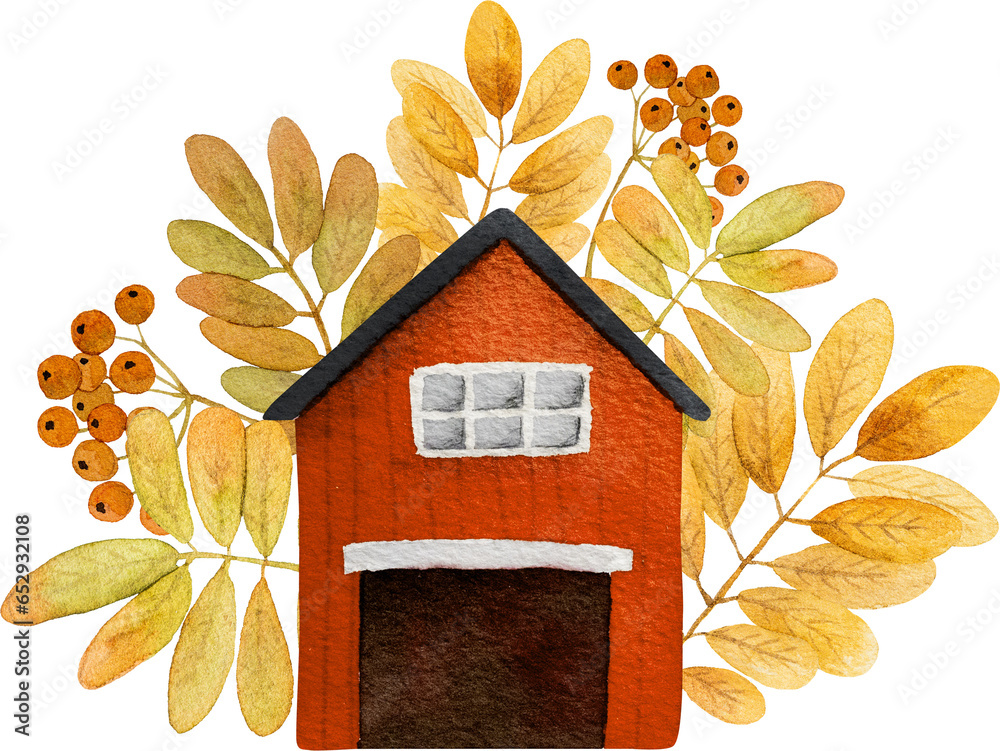 Autumn cartoon house with oak leaves, mushrooms and acorns watercolor ...
