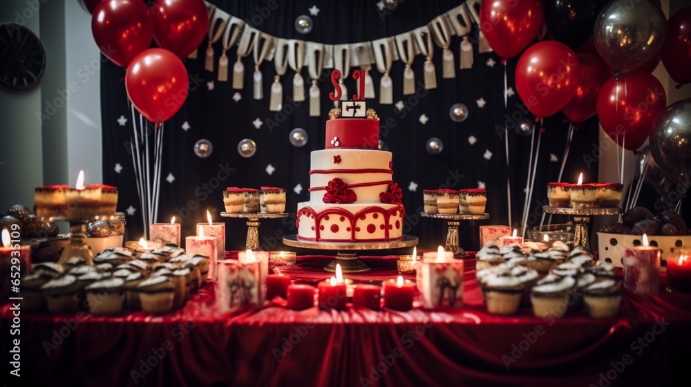 Picture a vintage Hollywood film premiere-themed birthday celebration ...
