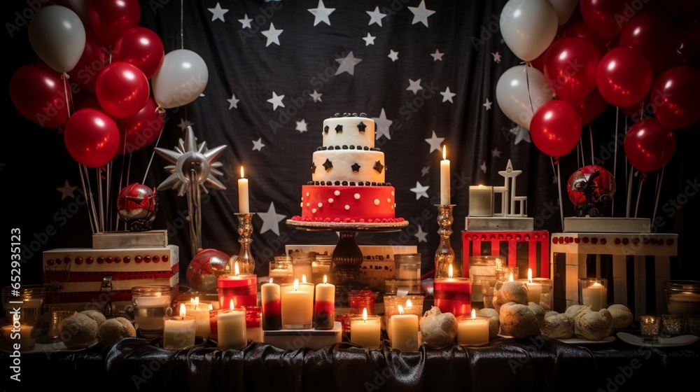 Picture a vintage Hollywood film premiere-themed birthday celebration ...