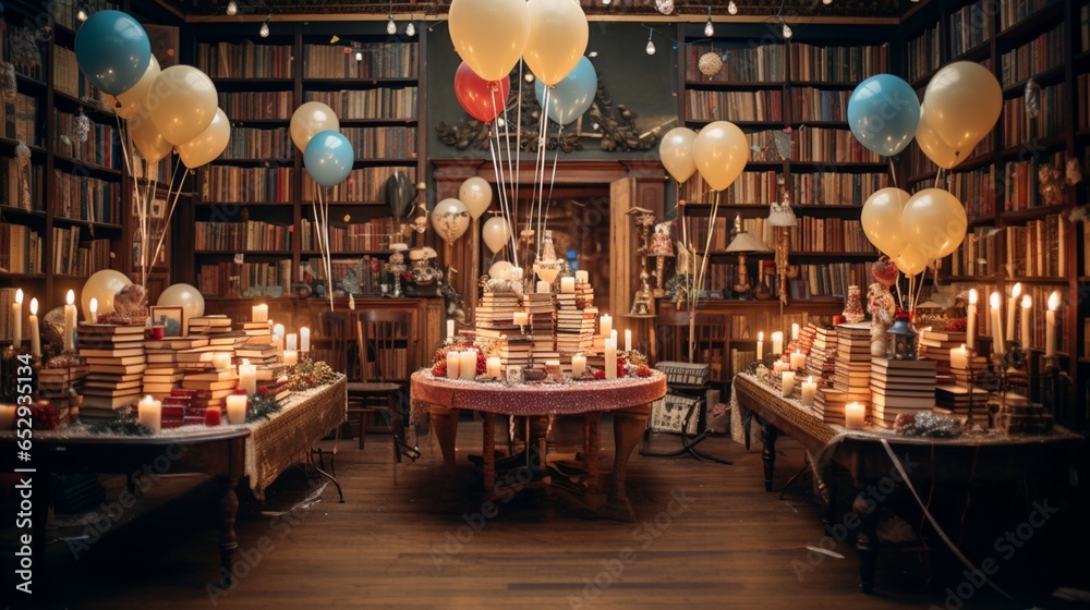 Picture a vintage Parisian bookstore-themed birthday scene with ...