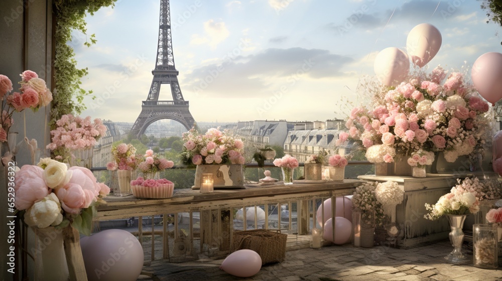 Visualize a vintage Parisian flower market birthday bash with balloons ...