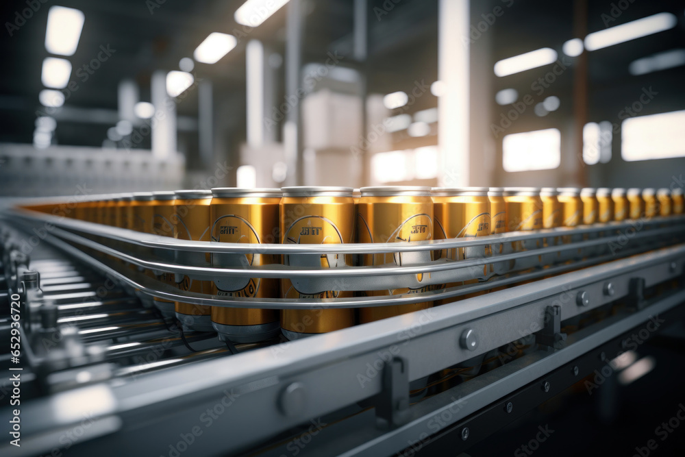 brewery, beer cans on the conveyor, pure production of alcoholic ...