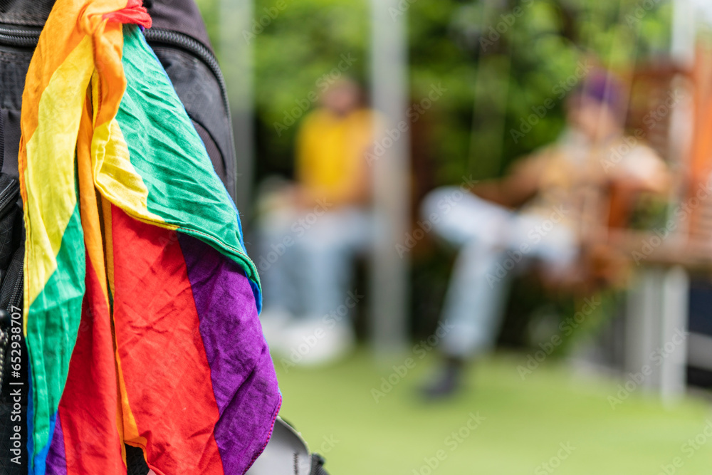 image of a detail of the diversity flag hanging on a bag with two ...