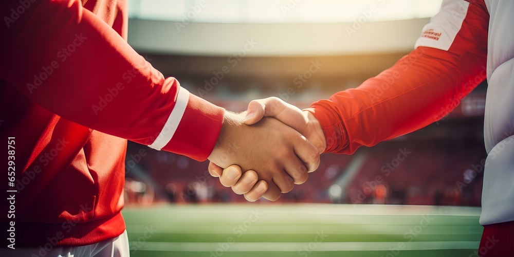 Handshake of athletes, football players on the football field, greeting ...
