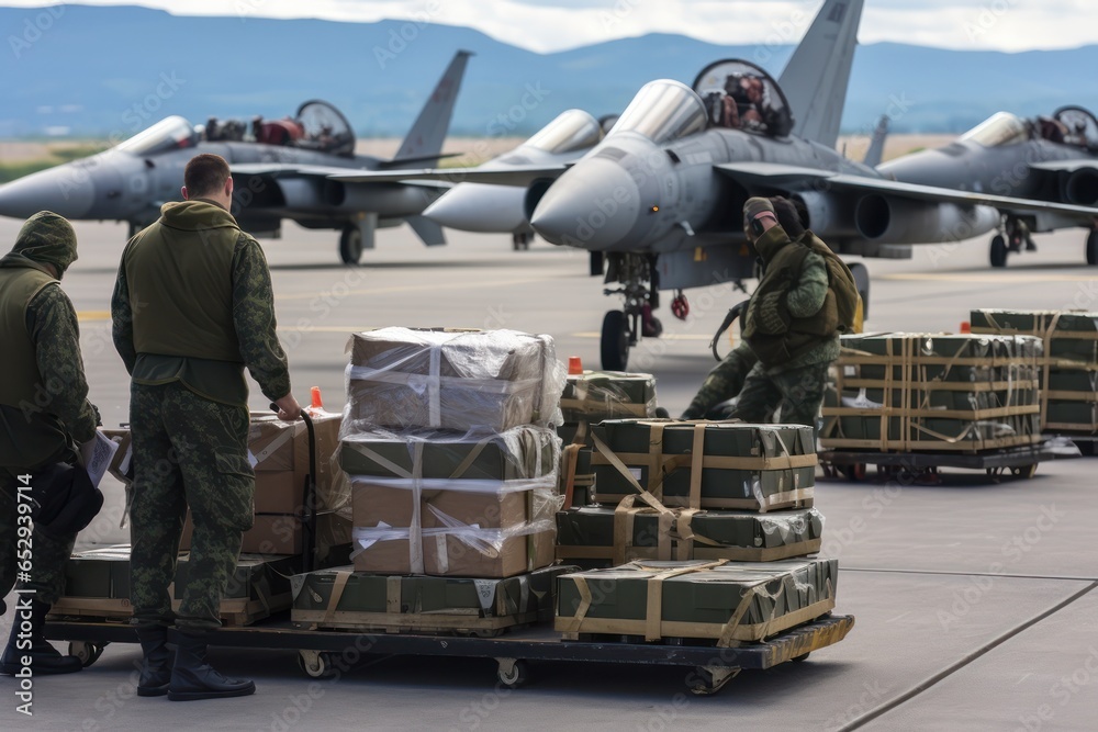 Packing military cargo at a military air base for shipment. The process ...