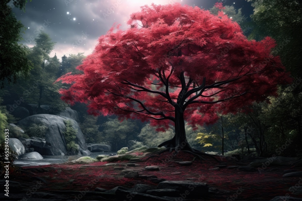A picture of a vibrant red tree standing tall in the midst of a lush ...