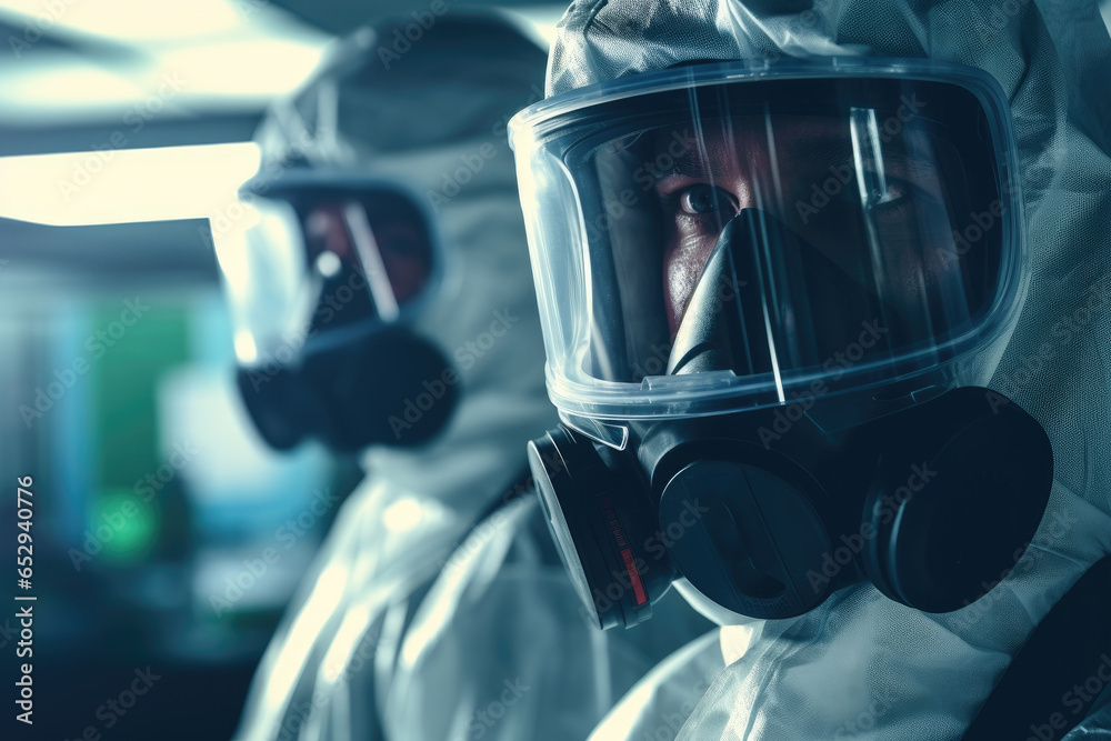 Two individuals wearing protective gear stand side by side. This image ...