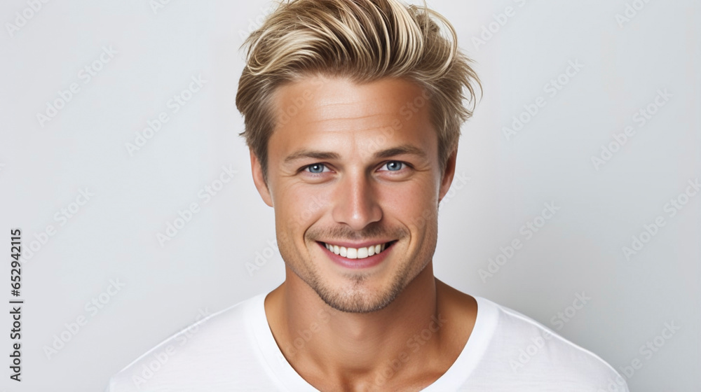 scandinavian man smiling with clean teeth. for a dental advertisement ...