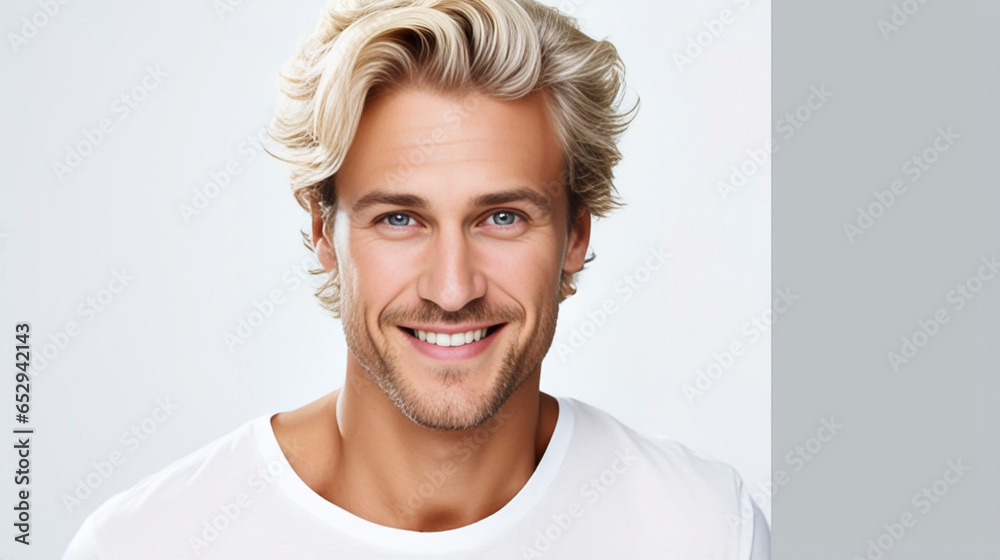 scandinavian man smiling with clean teeth. for a dental advertisement ...