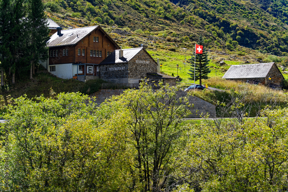 Scenic landscape at Urseren Valley on a sunny late summer day with ...
