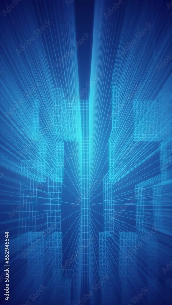 Vertical Video - retro blue wireframe grid motion background animation. This 1980s style vintage ...