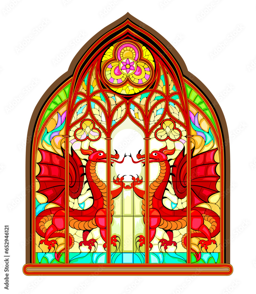 Beautiful colorful medieval stained glass window. Gothic architectural ...
