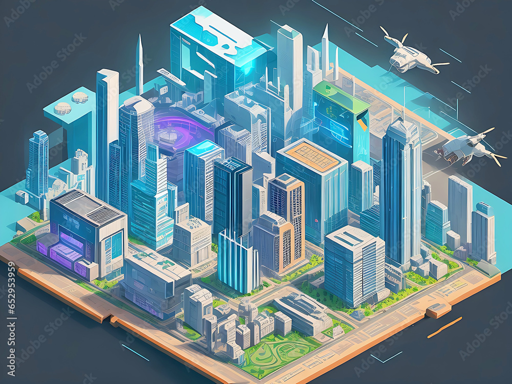 isometric illustration representing a futuristic city with high-tech ...