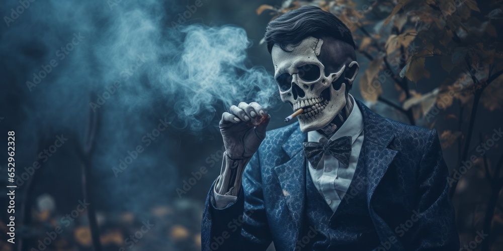 Smoking Grim Consequences: A Skeleton Figure Smoking a Pipe in the ...