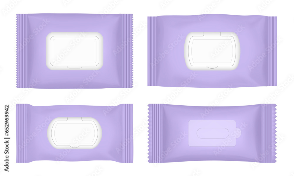 Wet wipes packaging with flap. Light purple, violet flow pack mockup ...