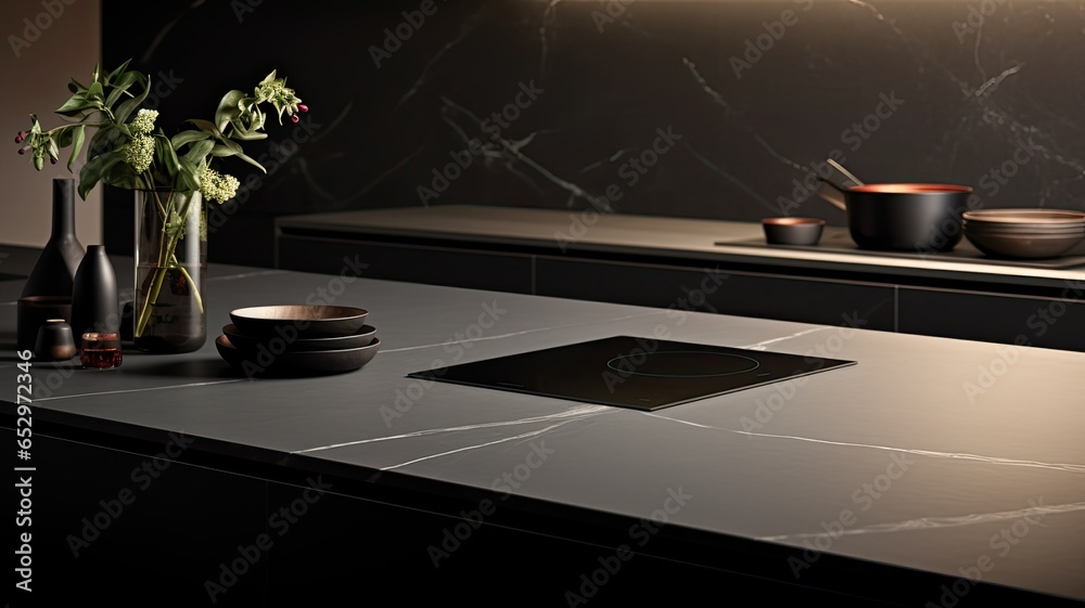 A black induction hob takes center stage on a modern gray kitchen ...
