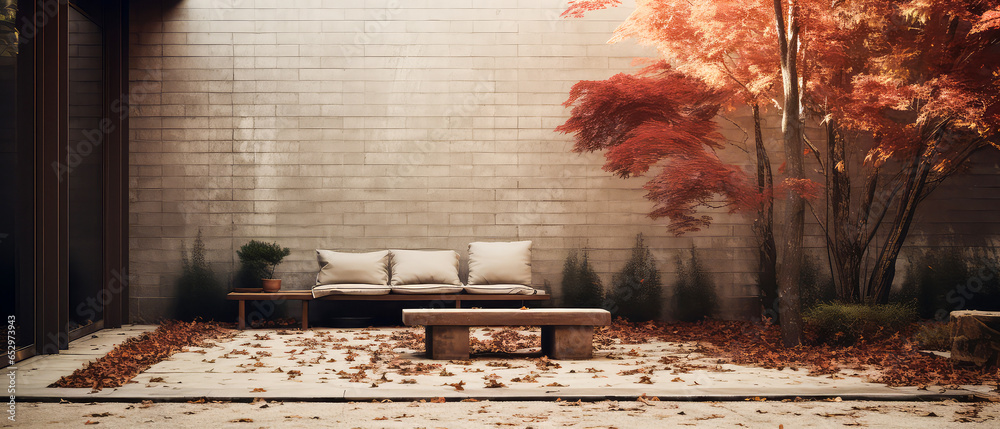 Fall, autumn patio of suburban house. Luxury exterior design scene ...
